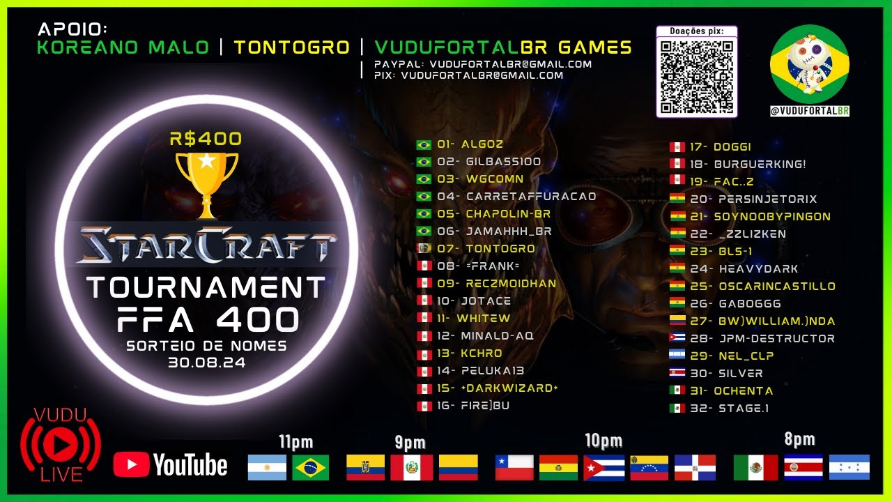 🔴LIVE2024_08_30| STARCRAFT TOURNAMENT FFA400 | TORNEIO DE LA RIPA / CHORANDO SE FOI | SORTEIO ...