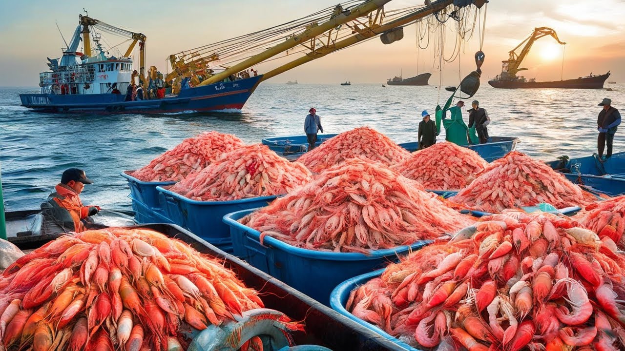 Fishermen catch red shrimp with giant trawl nets, catch and process ...