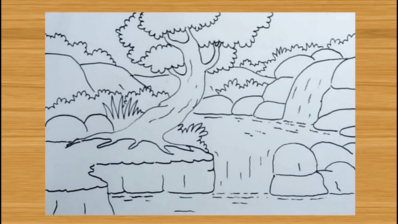 Easy Waterfall Landscape Drawing - Drawing Beautiful Scenery of Nature ...