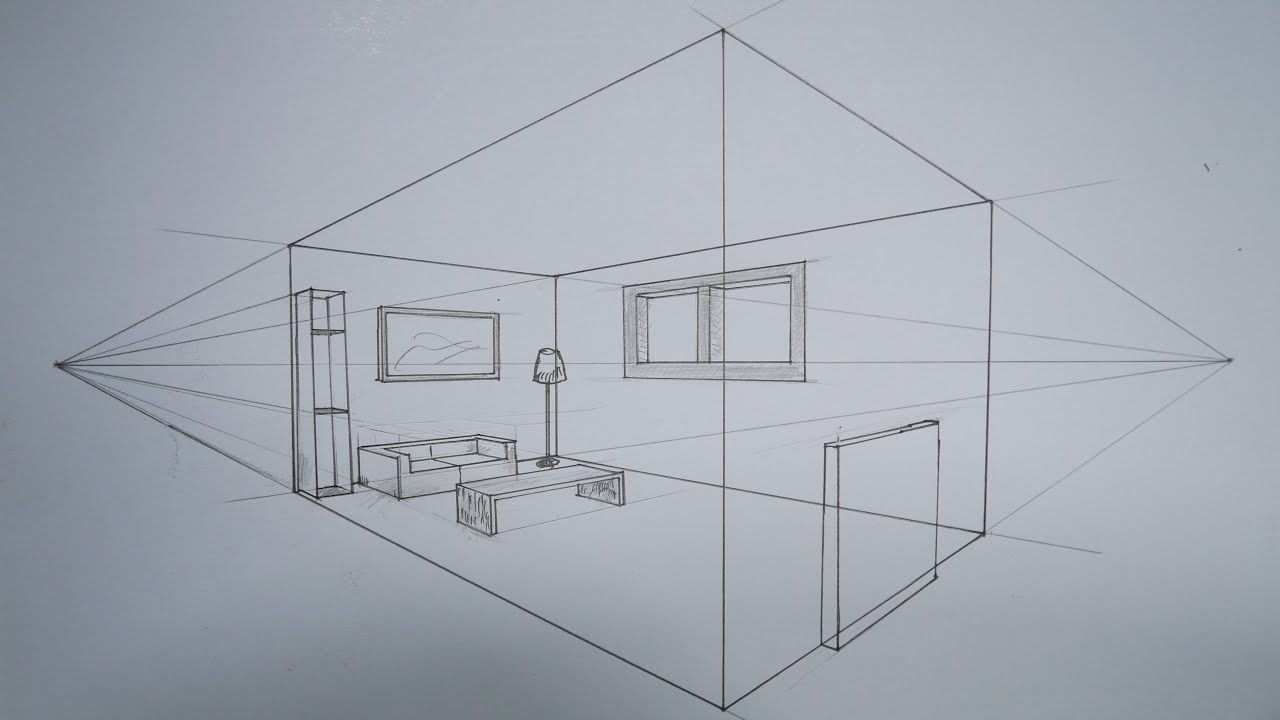 architectural how to draw a living room in 2 point perspective - YouTube