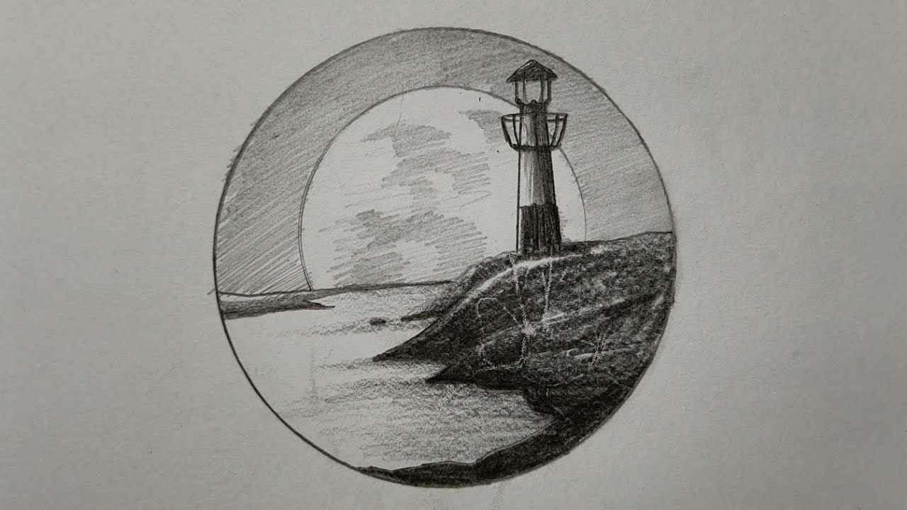 beautiful lighthouse drawing with big moon night scenery | easy sea ...