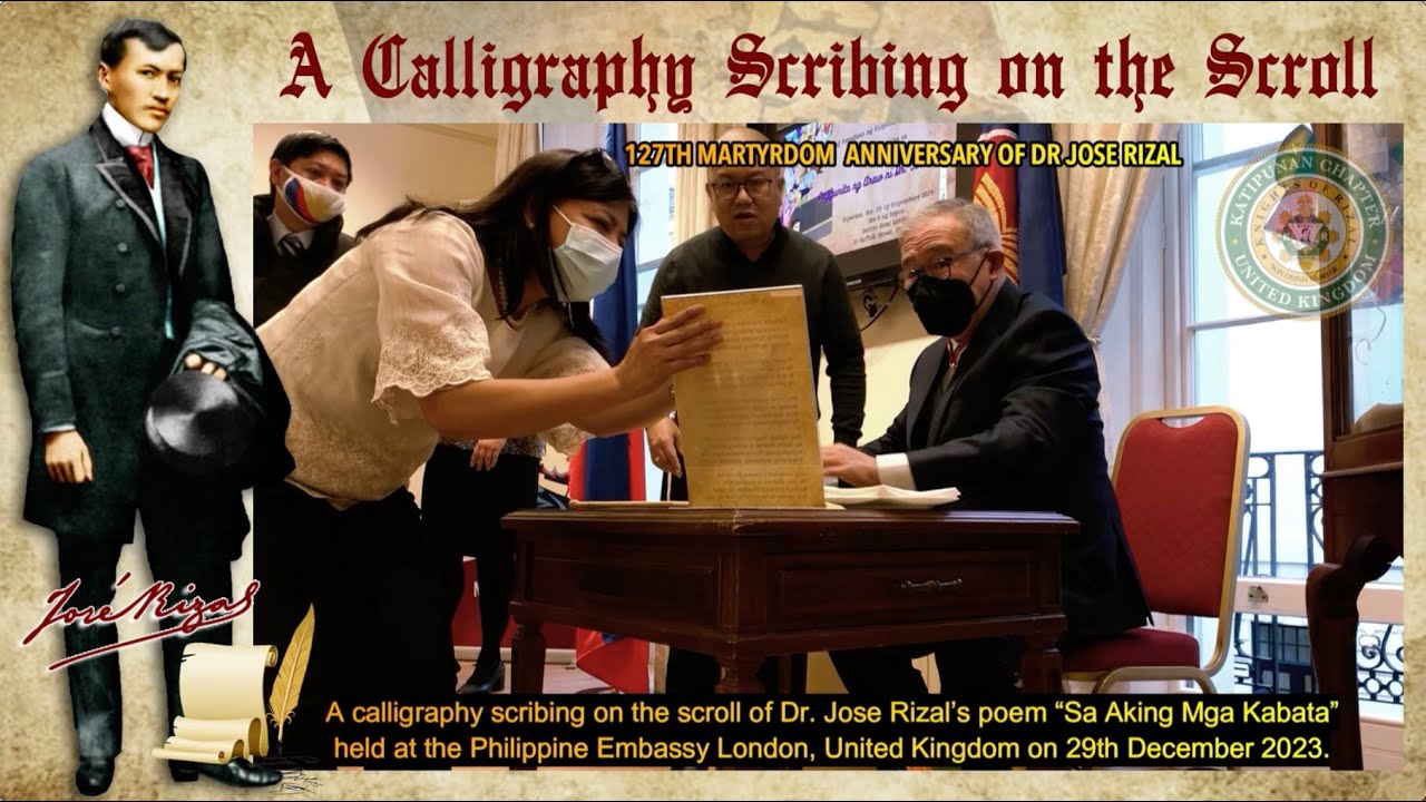 A CALLIGRAPHY SCRIBING ON THE SCROLL OF DR JOSE RIZAL'S POEM "ANG AKING ...