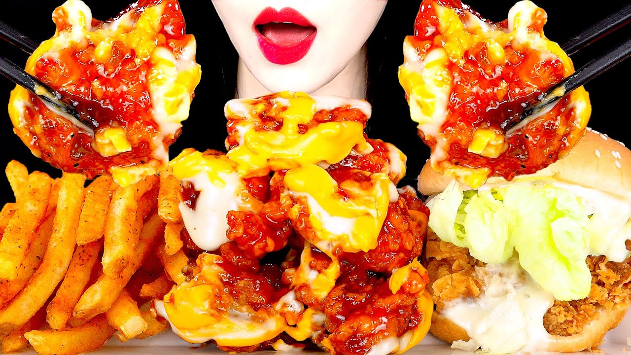 ASMR SPICY FRIED CHICKEN BURGER FRIES 맘스터치 버거 치즈 양념치킨 먹방 MUKBANG EATING ...