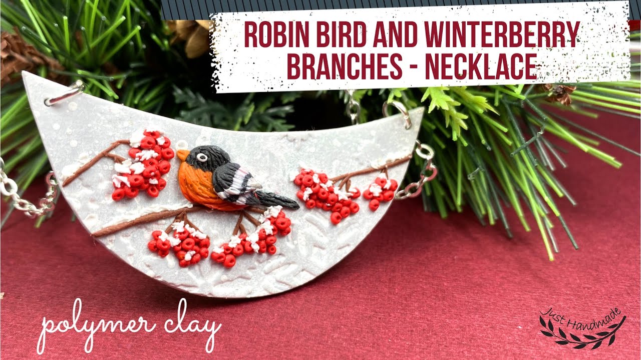 ~JustHandmade~ Polymer clay necklace with robin bird and winterberry ...
