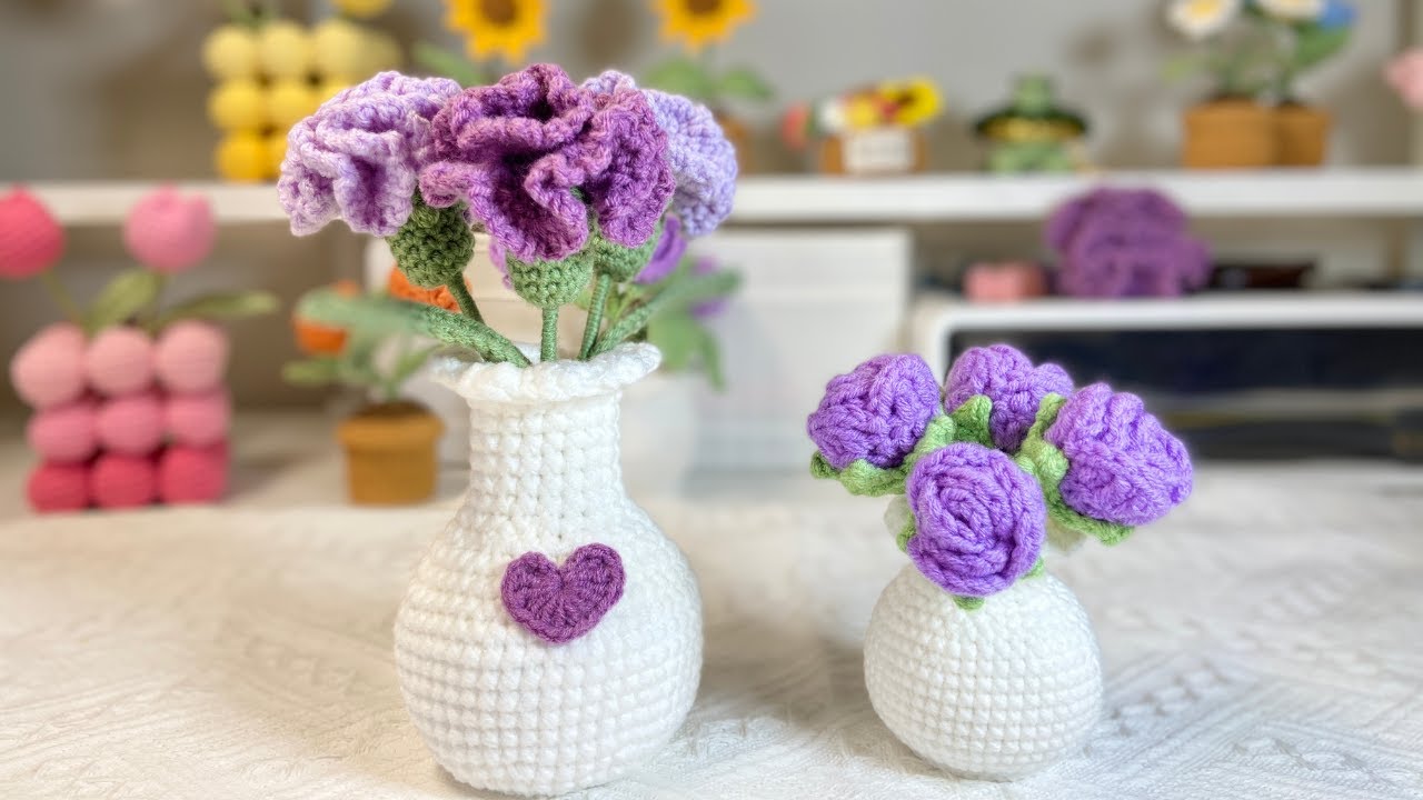 How to Crochet Carnation Flower Tutorial 🌸 Crochet Flower in a Vase 💐 ...
