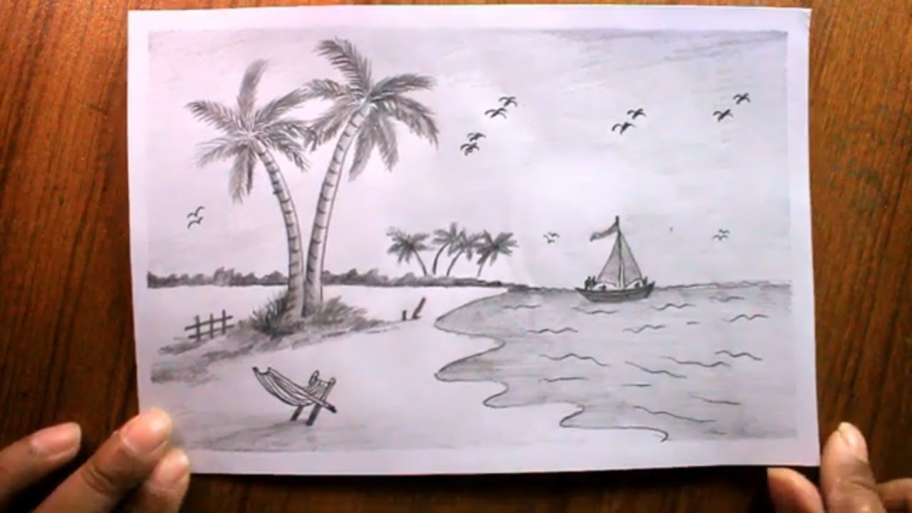 easy landscape scenery with pencil/coconut tree drawing - YouTube