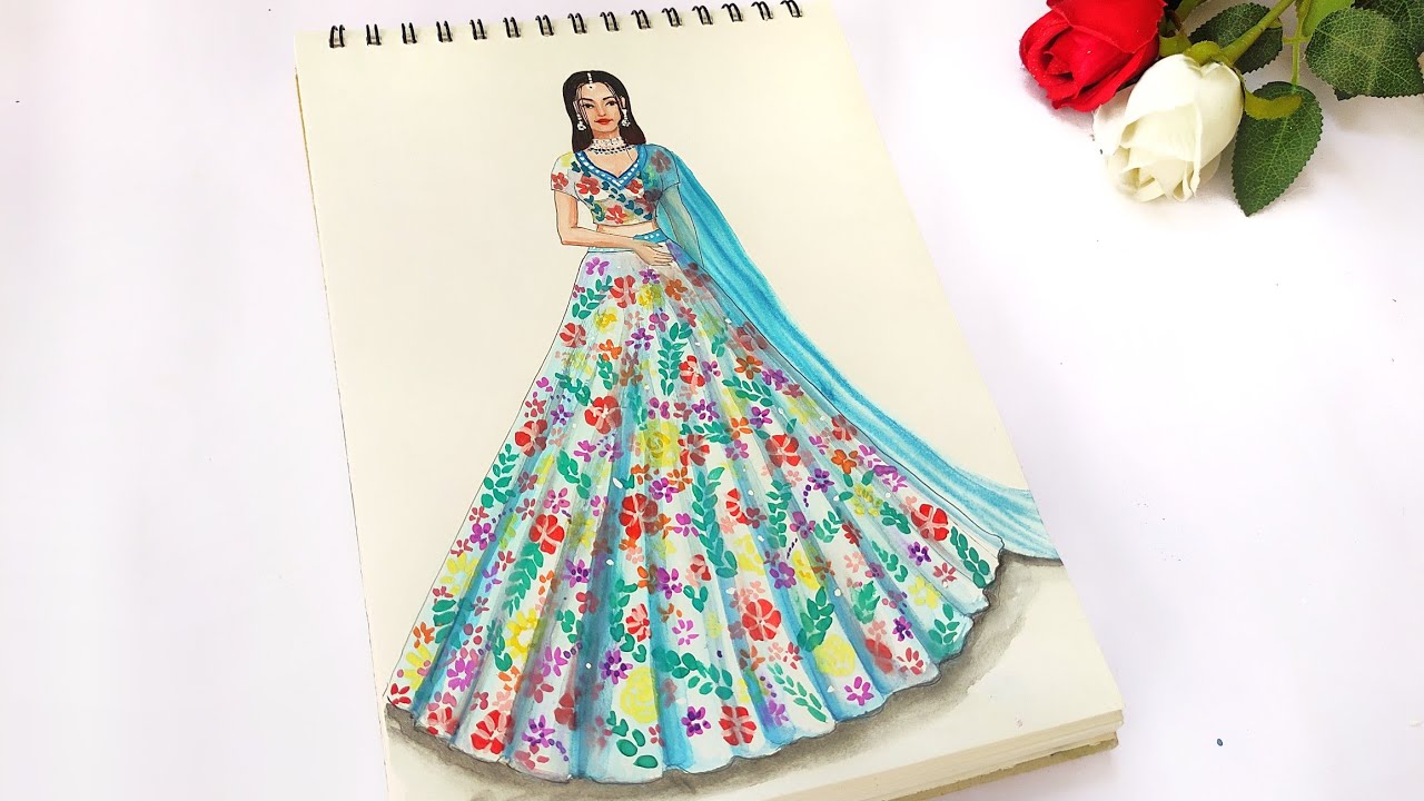 Beautiful floral lehenga drawing for beginners | easy lehenga drawing ...