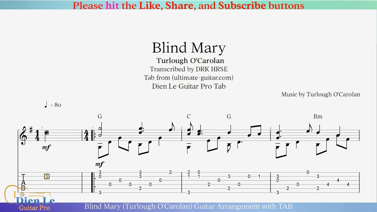 Blind Mary (Turlough O'Carolan) Guitar Arrangement with TAB - YouTube
