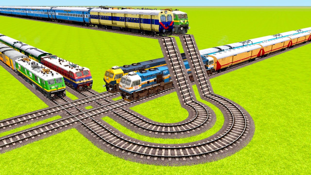 SIX TRAINS RELEASING CROSS ON DOUBLE TRACKS OF U SHAPE RAILROAD AND ...