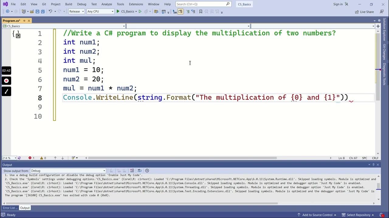 Video 7: Write a C# program to display multiplication of two number ...
