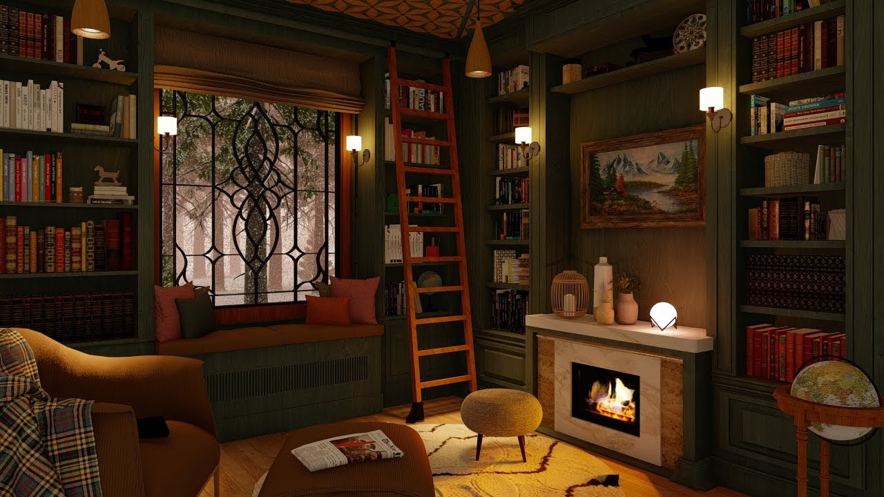 Reading Nook & Fireplace In The Library 🔥| Fireplace Sound for Sleep ...