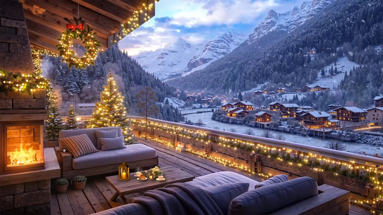 Warm Fireplace Glow ️ Soothing Jazz, Snowy Terrace Views & Holiday ...