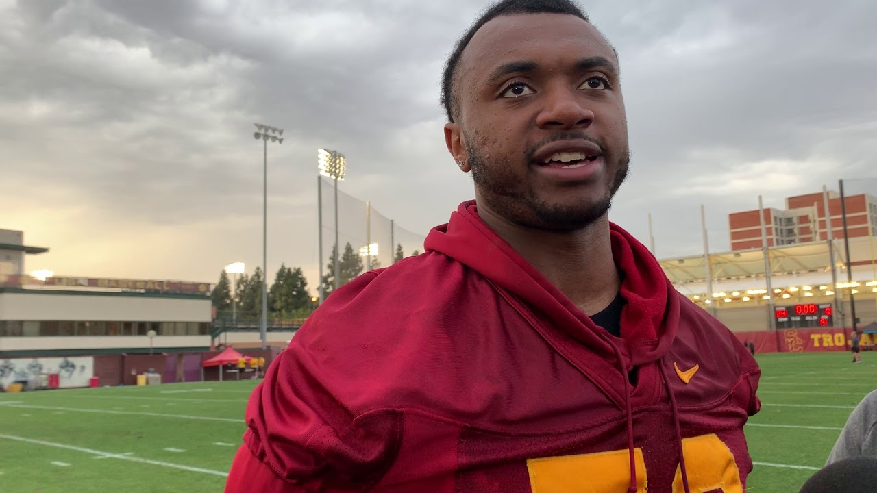 USC OT Austin Jackson talks to the media at USC's first spring practice ...