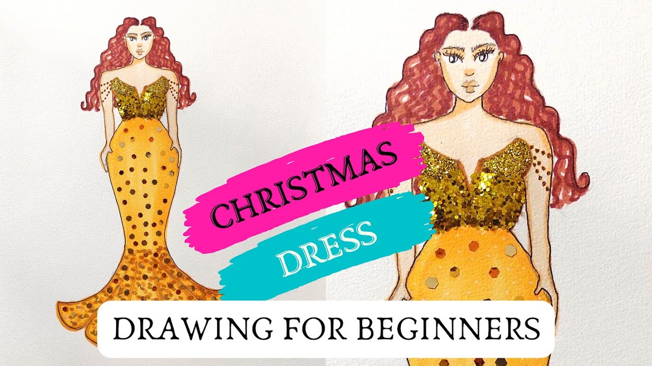 CHRISTMAS GOLDEN LONG DRESS HOW TO DRAW SPEED VIDEO Illustration for ...