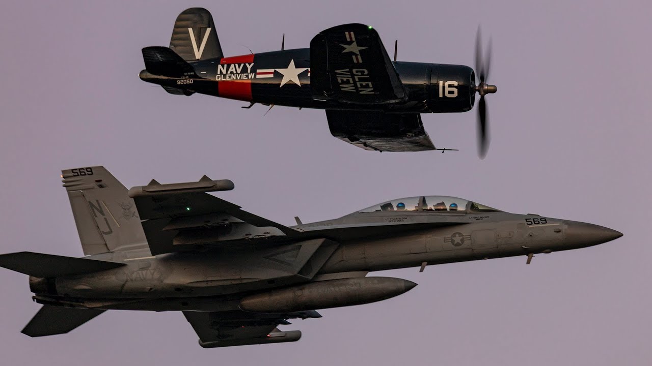 US Navy Legacy Flight - Oshkosh 2024 - EA18 Growler and TWO Corsairs ...