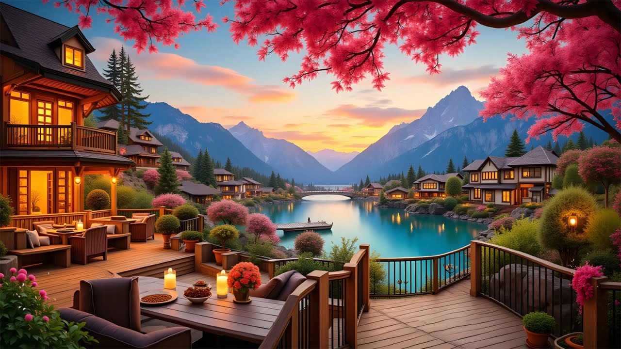 Peaceful Spring Resort with Soothing Jazz 🌸 Cozy Lakeside Terrace with ...