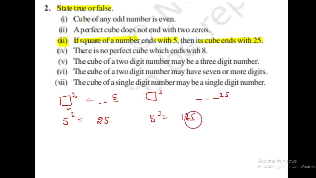 if square of a number ends with 5, then its cube ends with 25. state true or false - YouTube