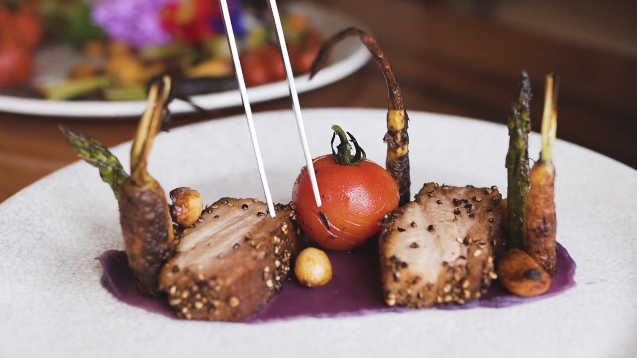 Crispy Pork Belly 🐖Molokai Sweet Potato Puree🍠 Roasted Cherry Tomato 🍅 ...