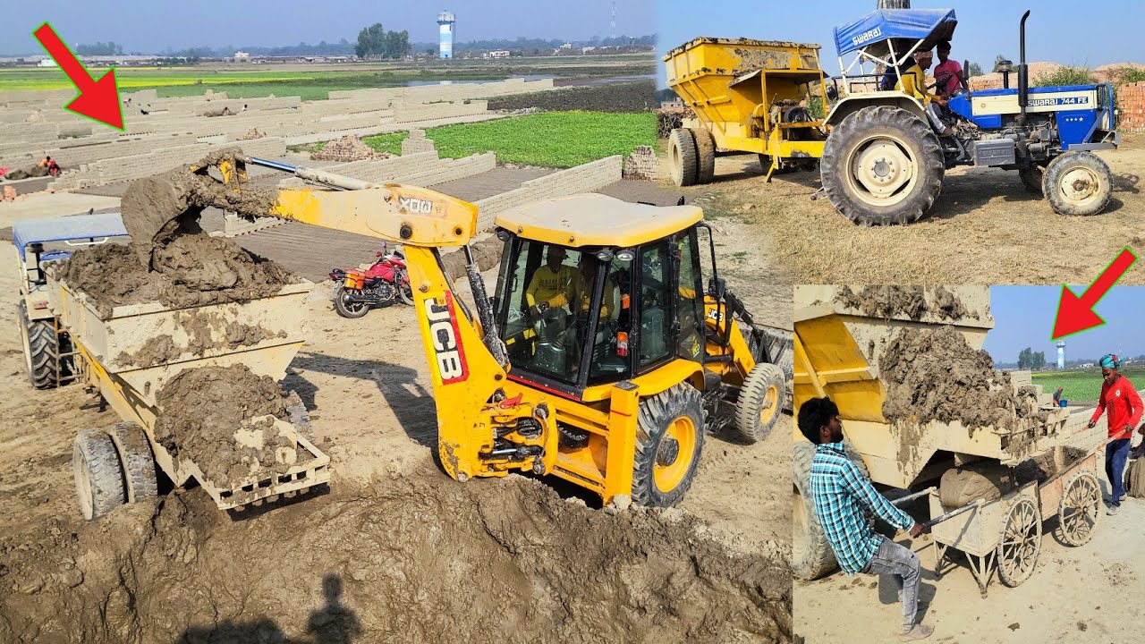 Jcb 3dx Backhoe Machine And Swaraj 744 Tractor || Bricks Clay Mixing ...