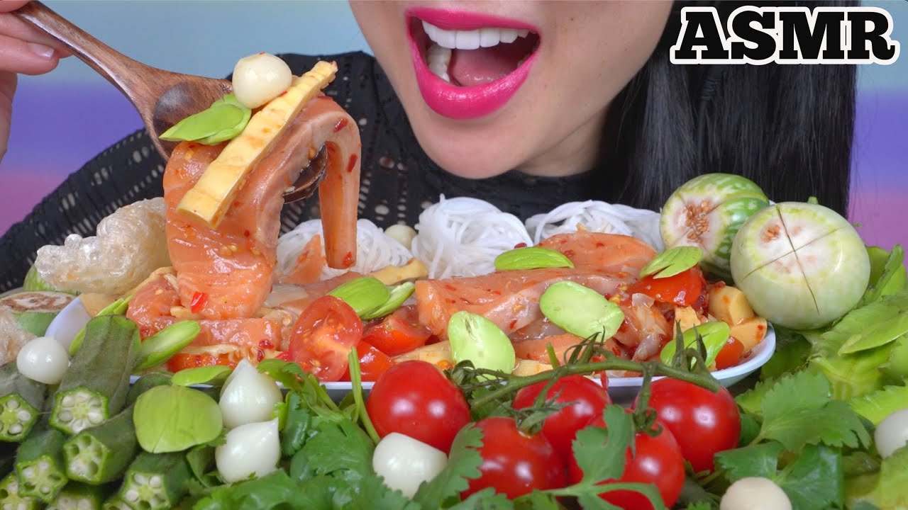ASMR SPICY SALMON THAI SALAD + FRESH VEGGIES (CRUNCHY EATING SOUNDS ...