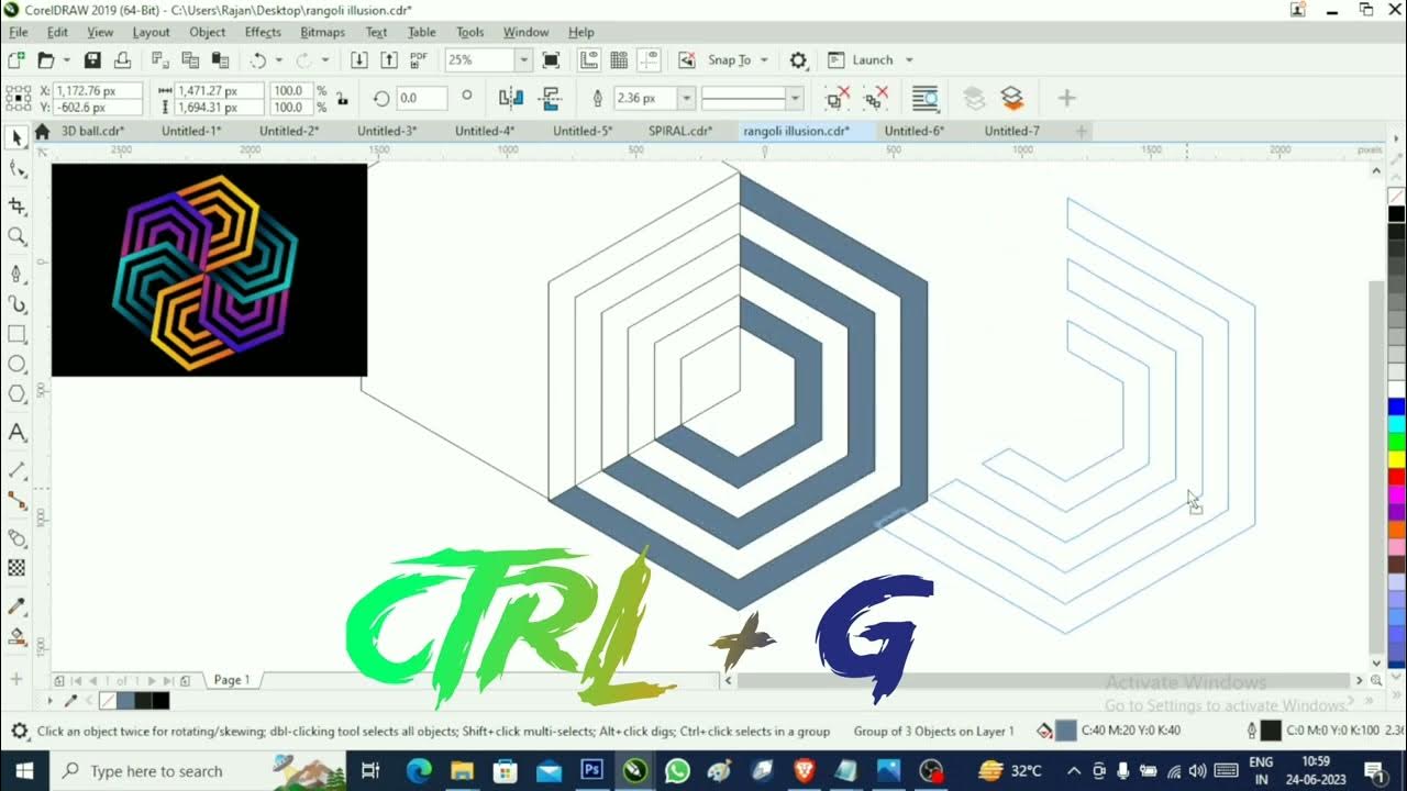 Corel Draw me Hexagon illusion kaise banaye | How To Make Hexagon illusion in Coreldraw #047 ...