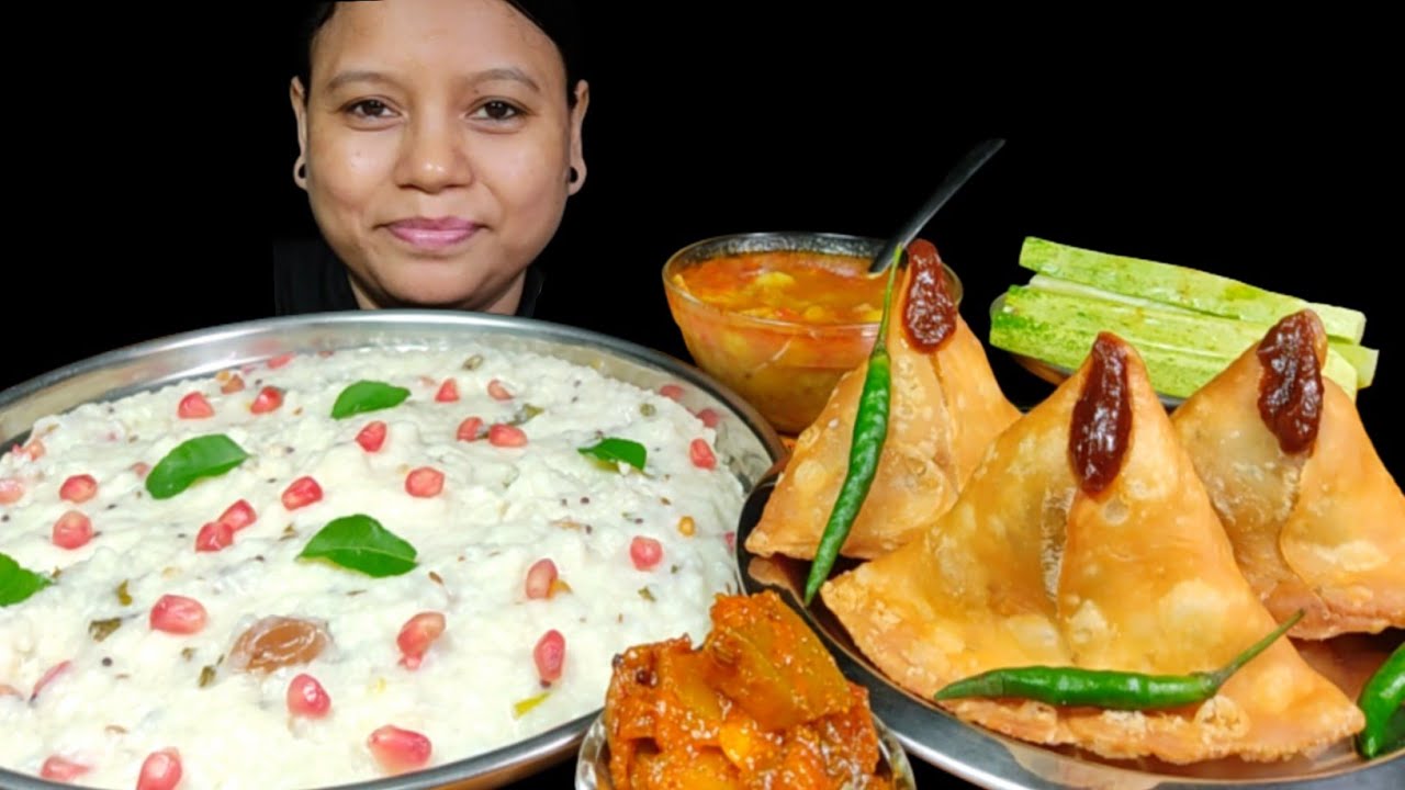 Eating Curd Rice with Spicy Mango Pickle, Samosa & Aloo ki Sabji ...