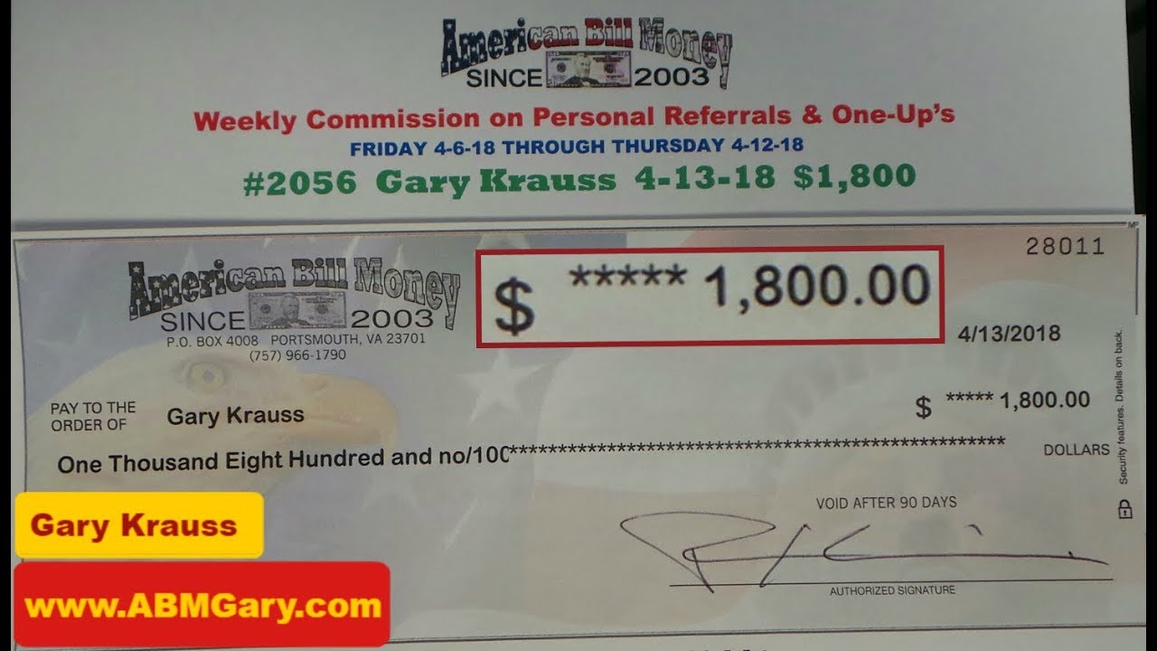 American Bill Money - April 13, 2018, $1,800 check from American Bill ...