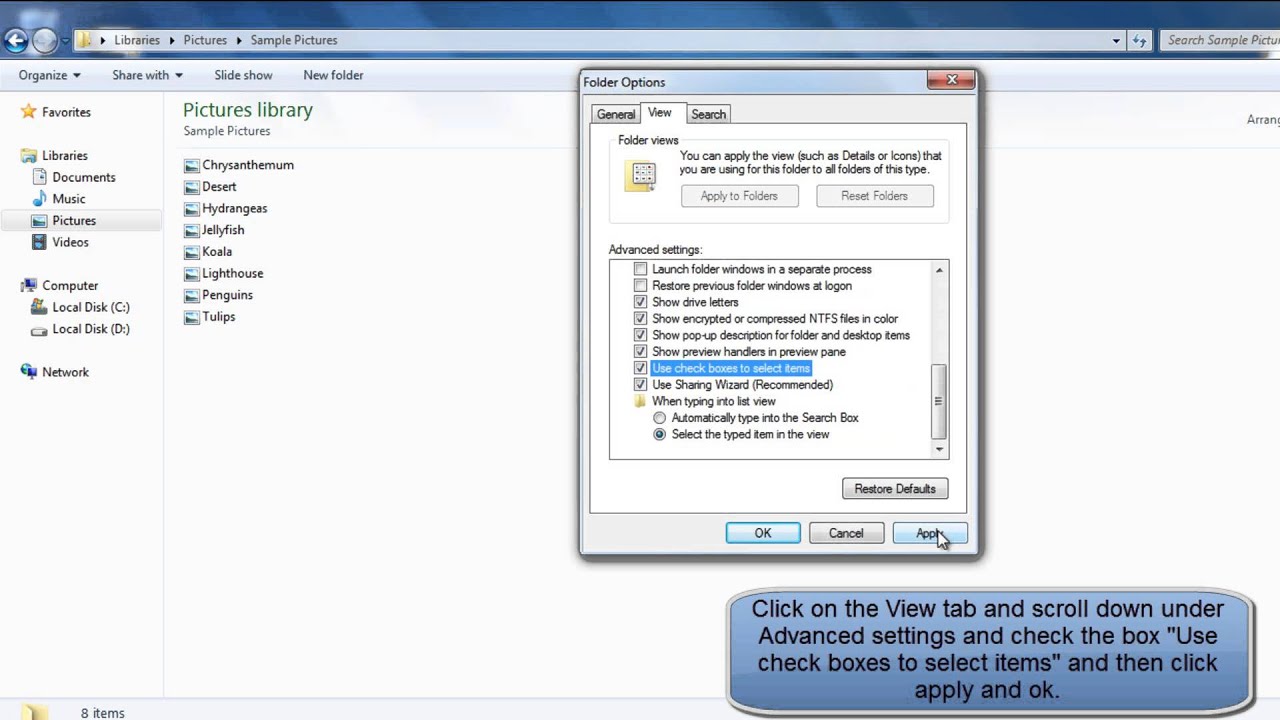 How To Enable Or Disable Checkbox Feature To Select Files In Windows 7 Youtube