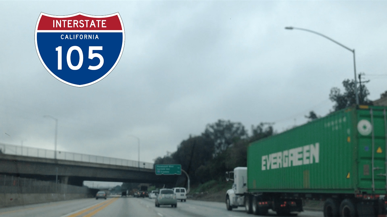 Driving on Freeway 105 West towards Los Angeles International Airport ...