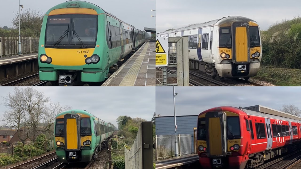 Trains at Cooden Beach inc Ex C2C 387302 and Gatwick Express units ...