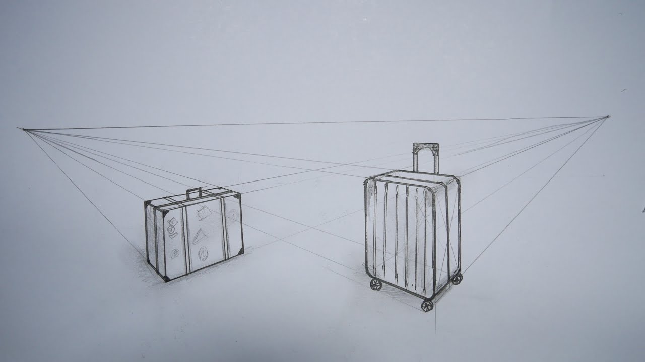 how to draw suitcase luggage in 2 point perspective - easy - YouTube