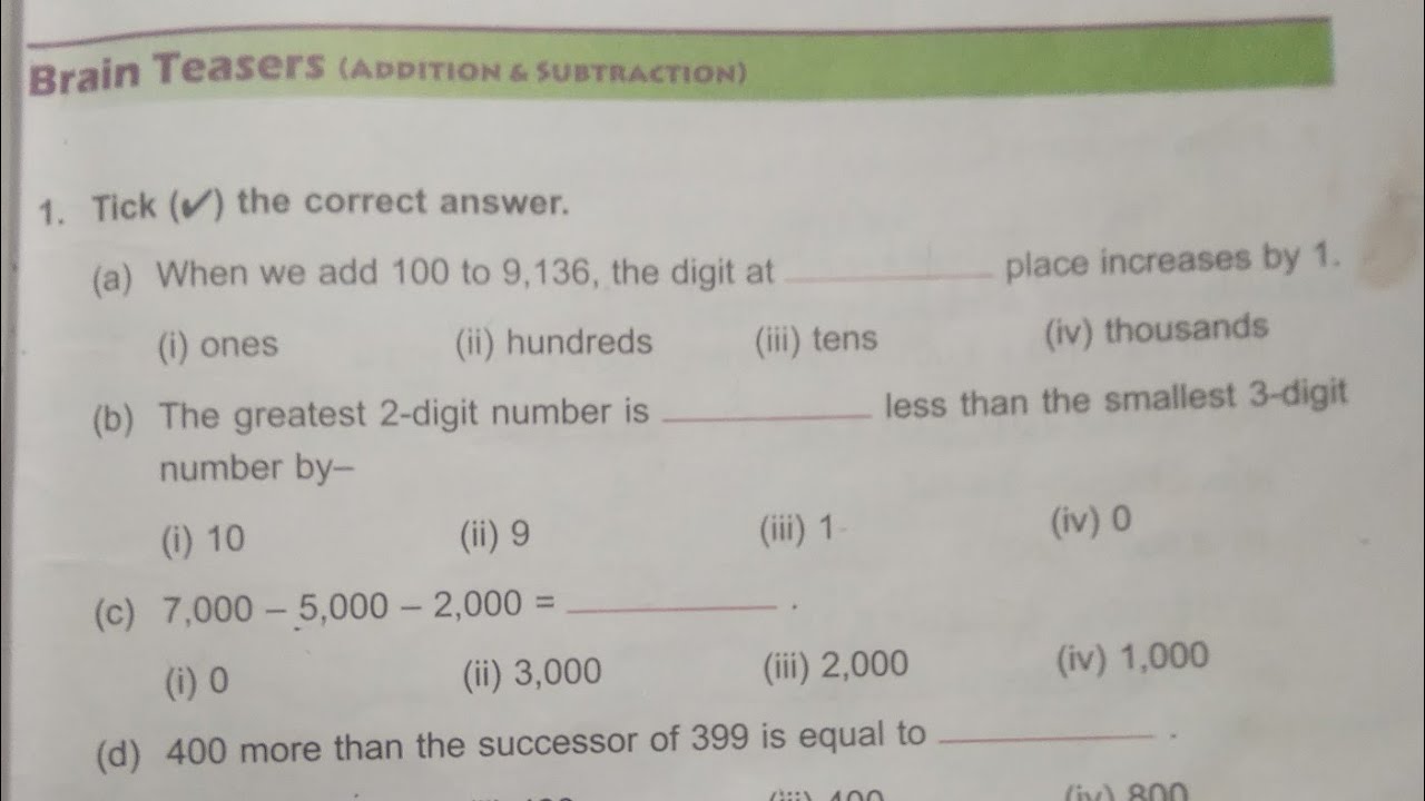 Dav Public School Class 4 Math |Unit 2 Addition And Subtraction Brain ...