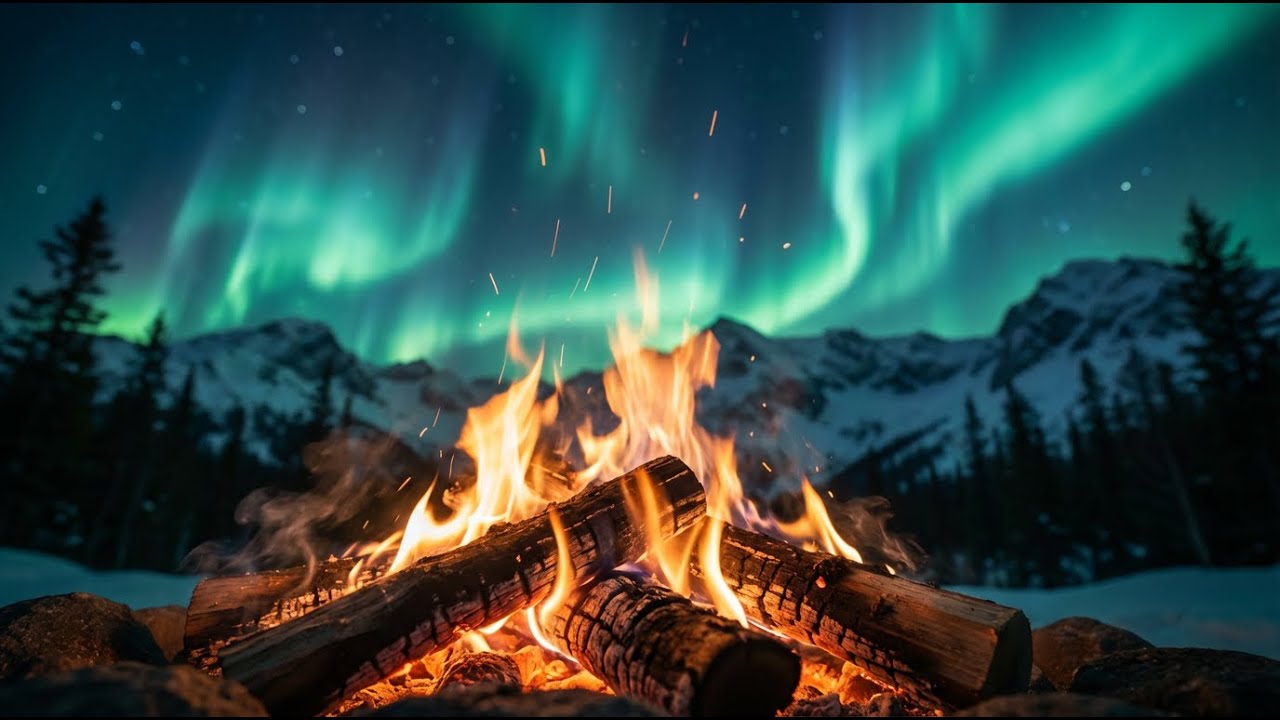Arctic Campfire in Norway Under Aurora Borealis 🌌🔥 | Lake Fireplace ...