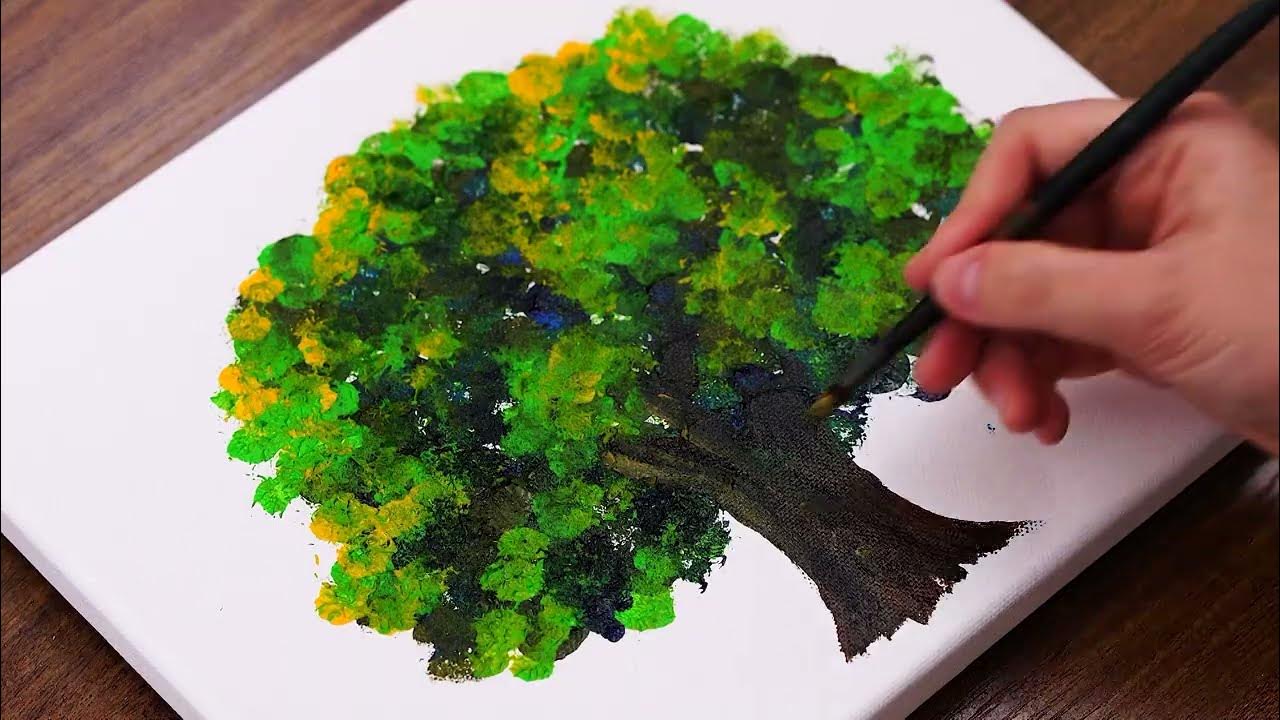 Paint Tree Using Sponge in 5min｜Easy Acrylic Painting For Beginners ...
