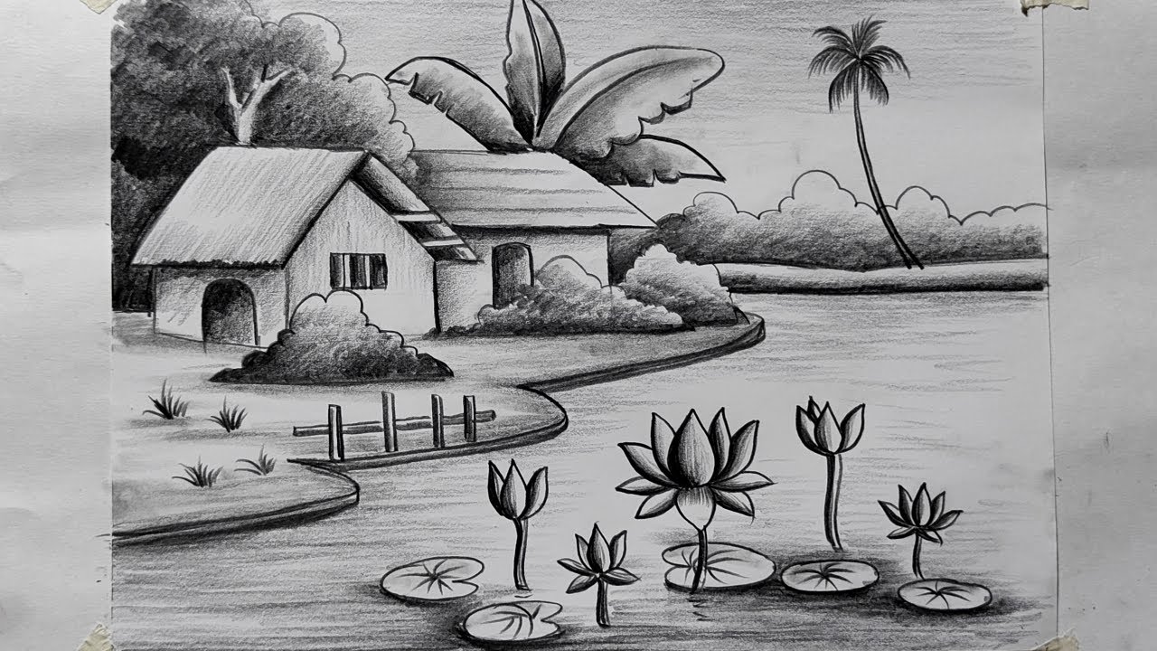 how to draw easy pencil sketch scenery,landscape pahar and river side ...