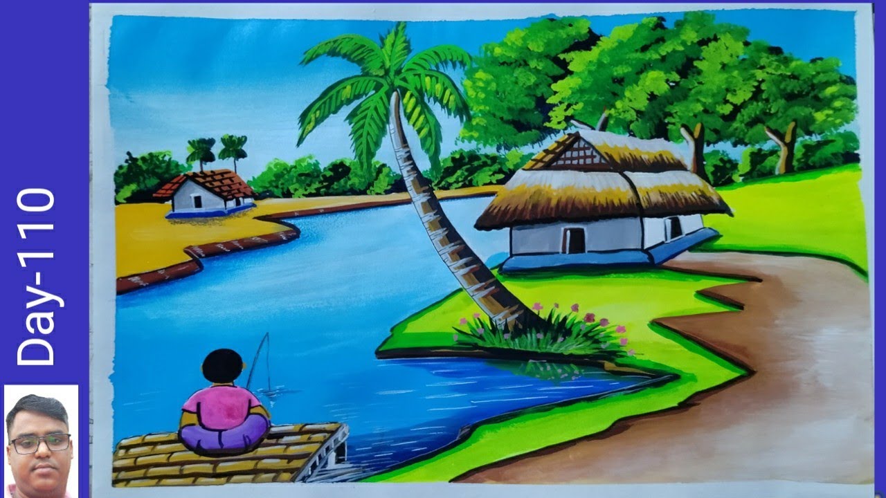 How To Draw A Scenery With Human Figure, Village Scenery drawing with ...