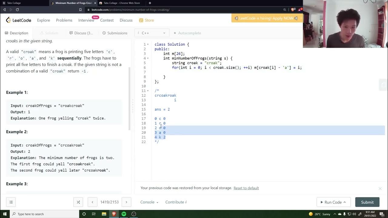 1419. (Medium) Minimum Number of Frogs Croaking - Daily Leetcode Day 86 - YouTube