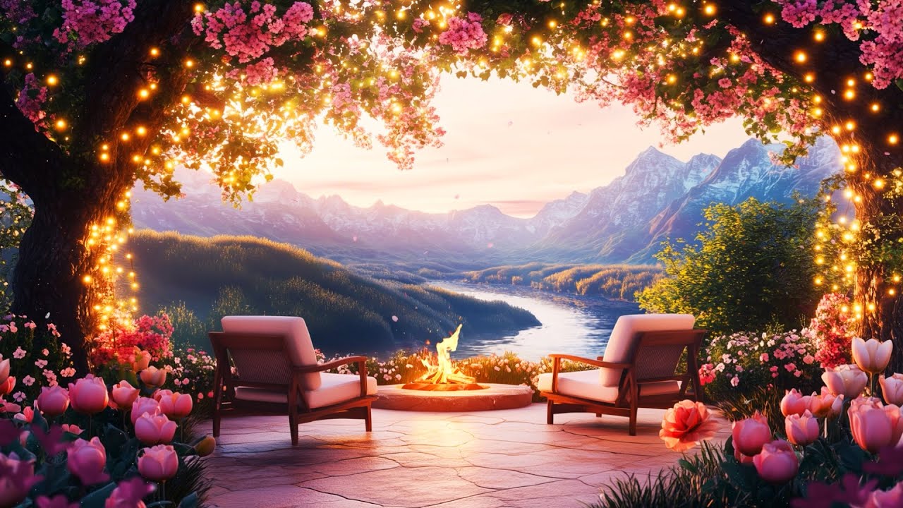 Cozy Spring Ambience 🌸 Fireplace, Cherry Blossoms & Mountain River for ...