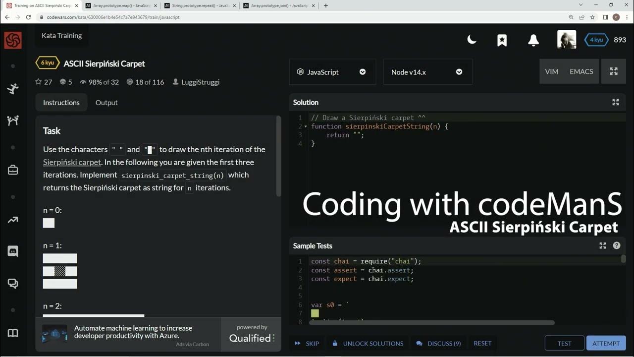 Codewars 6 kyu ASCII Sierpiński Carpet Javascript - YouTube