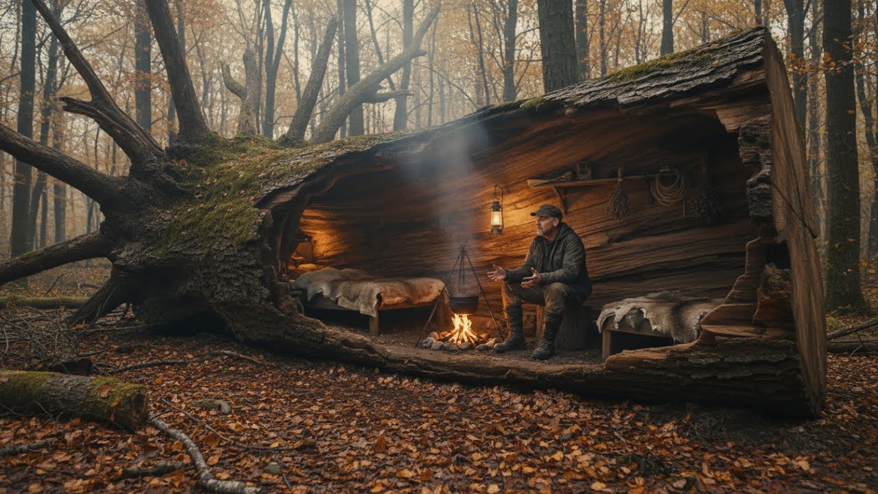 ASMR — Building the Most Hidden Bushcraft Shelter Inside a Hollow Tree ...