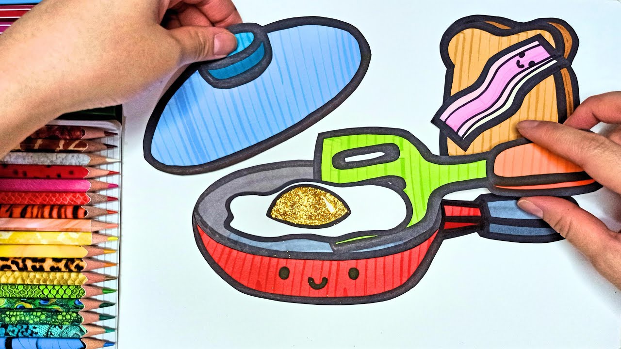 How to draw cute frying pan | Egg and bacon | Fun Kitchen Utensils ...