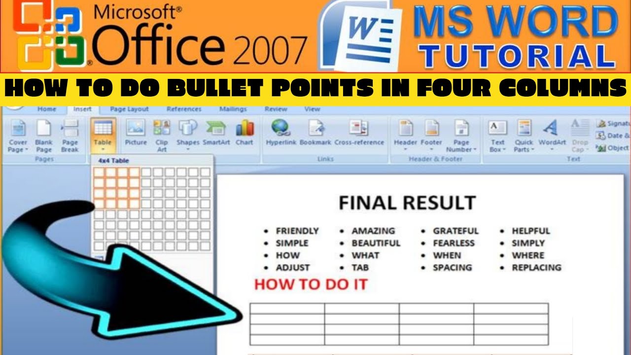 BULLET POINTS II HOW to do BULLETS POINT in 4 COLUMNS using MS Word II ...