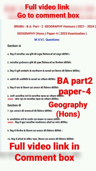 BA Part-2 Geography Honours Paper-4 ( 2021-24 ) | VVI Questions for 2023 Exam | #brabu #shorts ...