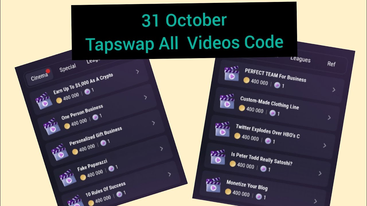 31 October Tapswap All Video Code | Earn Up To 5000 As a Crypto | One ...