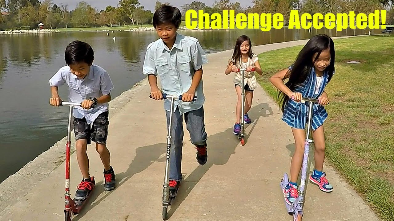 Kids Challenge: Scooter Razor Race At The Park - Doc vs E.L. vs Rocky ...