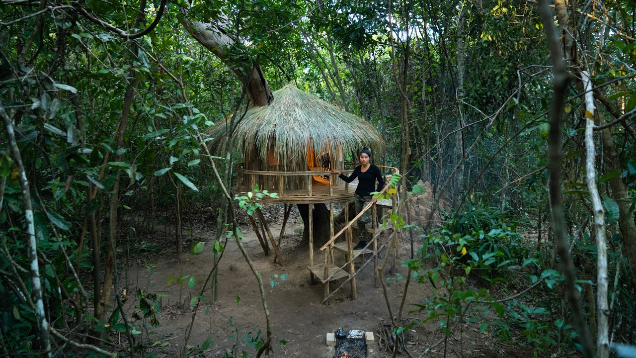 Girl Build Little Off Ground House in the Jungle to Live, Girl Solo ...