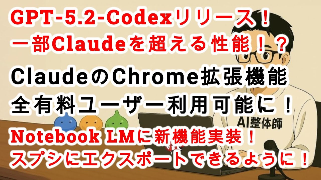 【#AIニュース No.239】GPT-5.2-Codexが登場！ClaudeのChrome拡張機能が全有料ユーザーで利用可能に ...