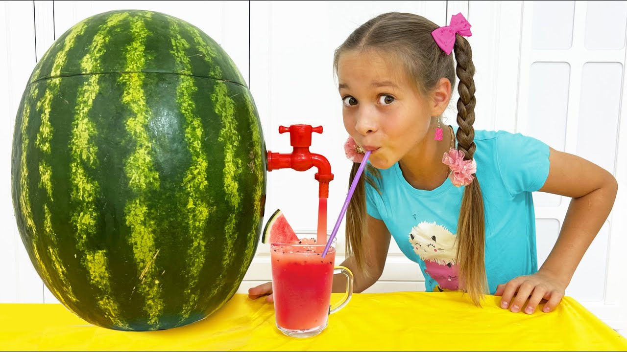 Sofia and Max make watermelon juice and harvests watermelons on the ...