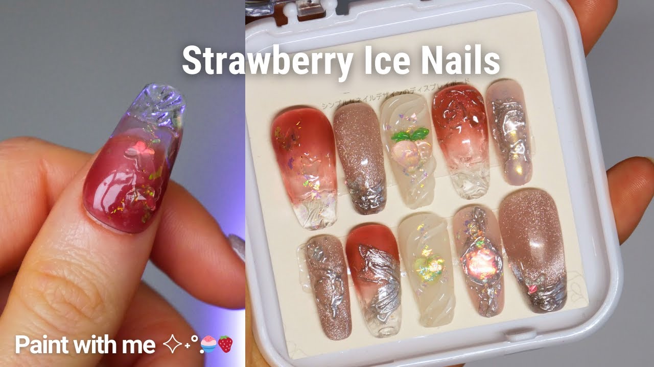 Strawberry Syrup Ice Nails for Spring 🍧 | Korean Gel nails / Press-on ...