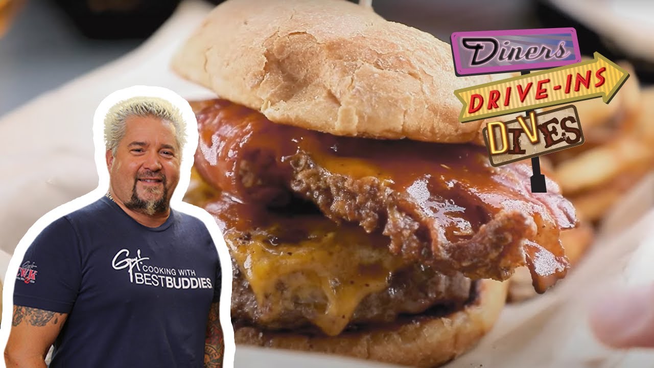 Guy Fieri Eats a Barnyard Burger with ALL the Meats | Diners, Drive-Ins ...